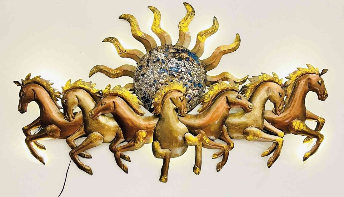 7 HORSE RUNNING LED WALL ART WITH THE TINGE OF GOLDEN PLUSH – SUREKH DECOR